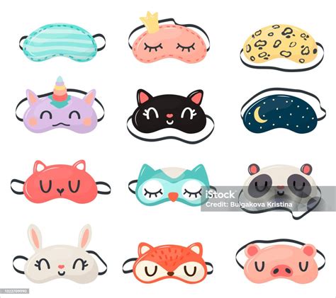 키트 어린이 는 흰색 배경에 다른 디자인과 수면 마스크 개 사슴 올빼미 양 토끼 펭귄 유니코 및 구름과 함께 잠을 잘 수 있는 인간을 위한 얼굴 마스크를 플랫 스타일 벡터