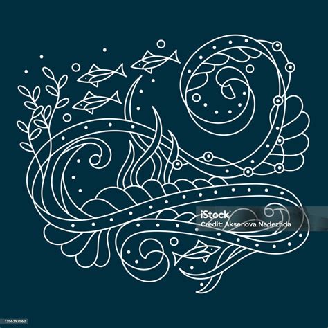환상적인 수중 세계 낙서 해양 벡터 모티프 손으로 그린 파란색과 흰색 그림 그리기에 대한 스톡 벡터 아트 및 기타 이미지 그리기 깊은 낙서 드로잉 Istock