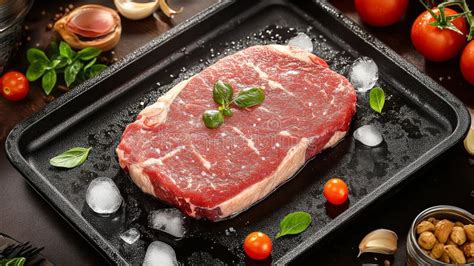 Slab Of Meat With A Green Leaf On Top Of It Stock Image Image Of