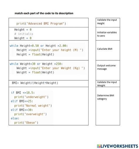 programming bmi project worksheet live worksheets