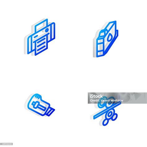인쇄기 아이콘의 등대성 라인 프린터 잉크 카트리지 문구 칼 및 종이 롤을 설정합니다 벡터 3차원 형태에 대한 스톡 벡터 아트 및