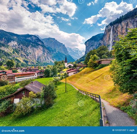 Sunny Summer View Of Great Waterfall In Lauterbrunnen Village Splendid