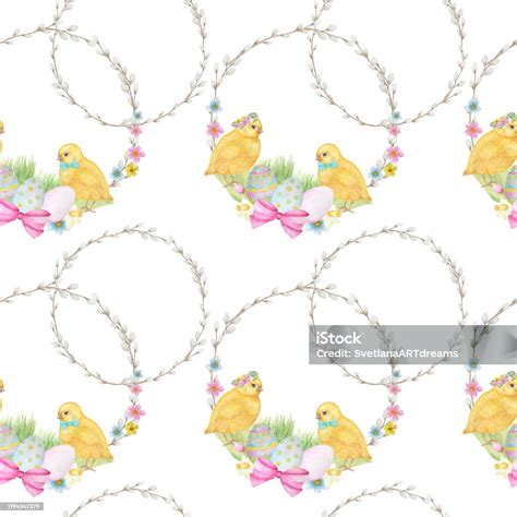 노란 치켄 봄 꽃 버드 나무 활 계란의 원활한 부활절 패턴 수채화 손 그린 다채로운 새 흰색 배경에 아기를 Chikens 초대 포스터 카드 직물 질감을 위한 디자인 가금류에