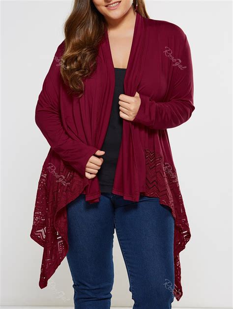 16 Off Plus Size Lace Trim Asymmetrical Cardigan Rosegal