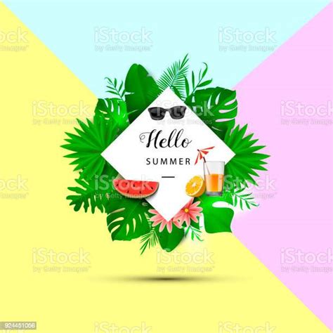 안녕하세요 여름 열 대 잎입니다 벡터 일러스트입니다 3d 하와이 여름 배너 나뭇잎 선글라스 황색 분홍색 및 파랑에 수 박 조각과