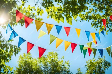 Premium Ai Image Colorful Flags On A String Against A Blue Sky