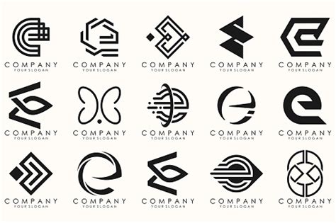 편지 E 추상 로고 디자인 기호의 컬렉션입니다 문자가 있는 기하학적 로고 메가 컬렉션 0명에 대한 스톡 벡터 아트 및 기타