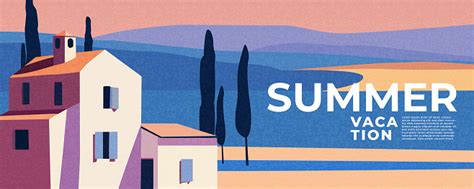 여름 자연 풍경 포스터 배너 표지 여름 필드 집 산 및 타이포그래피 디자인이 있는 카드 여름 휴가 유럽 휴가 여행 일러스트 웹 사이트 헤더 여름에 대한 스톡 벡터 아트 및