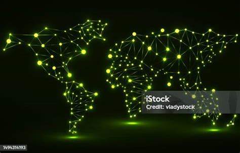 기술 다각형 세계지도 빛나는 점과 선 네트워크 연결이 있는 글로벌 지구지도 기하 도형에 대한 스톡 벡터 아트 및 기타 이미지