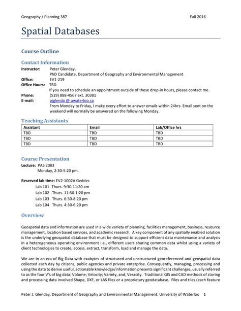 Pdf Course Outline University Of Waterloo · The Rdbms With Open Geospatial Diploma Of