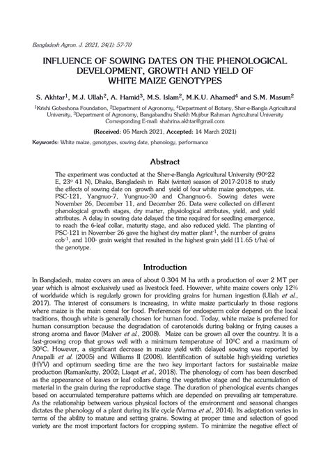 Pdf Influence Of Sowing Dates On The Phenological Development Growth And Yield Of White Maize