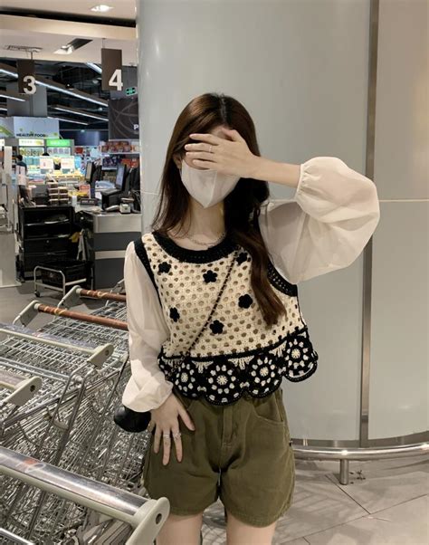 페이크 투피스 앤틱 레트로 크로셰 자카드 스타일 꽃 무늬 자수 폴카 도트 펀칭 시스루 라운드넥 박시 박스 여리 핏 스캘럽