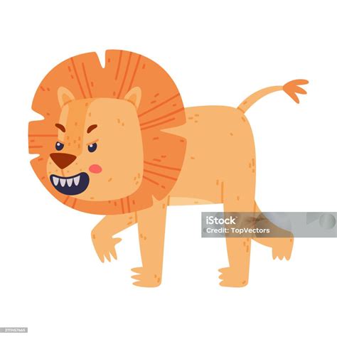 재미있는 사자 캐릭터 와 갈기 걷기 와 활활 타오르는 벡터 일러스트 사자에 대한 스톡 벡터 아트 및 기타 이미지 사자