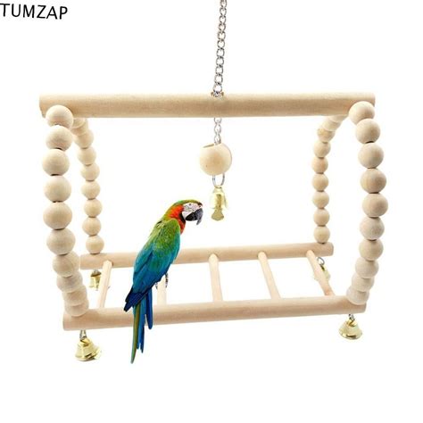 ทูมแซป แขวนบันไดสะพาน ไม้ที่มีระฆังนกแก้วเปลญวนนกของเล่น นกแก้วไม้กรามของเล่นกัดทนไม้กัดนกแกว่ง