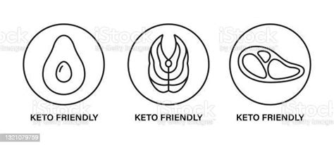 케토 친화적 인 스탬프 건강한 식습관 케톤 팔레오 저탄수화물 고지방 다이어트 아이콘 아보카도 참치 고기 스테이크 흰색 배경에 격리된 벡터 그림 아이콘에 대한 스톡 벡터 아트