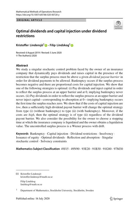 Pdf Optimal Dividends And Capital Injection Under Dividend Restrictions