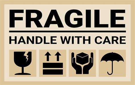 스티커 깨지기 쉬운 핸들 조심 검은 색과 갈색 깨지기 쉬운 경고 라벨 깨진 유리 기호와 깨지기 쉬운 레이블 벡터 자산 마분지