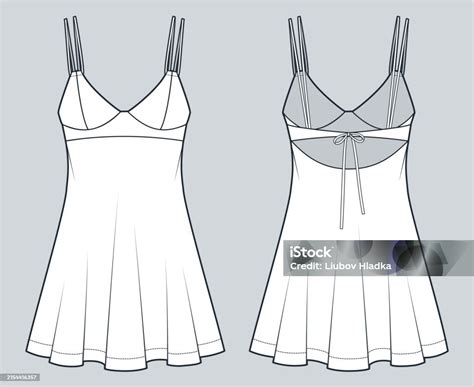 슬립 드레스 테크니컬 패션 일러스트레이션입니다 뷔스티에 미니 드레스 패션 플랫 기술 도면 템플릿 A 라인 앞면과 뒷면보기 화이트 여성 드레스 Cad 모형 0명에 대한 스톡