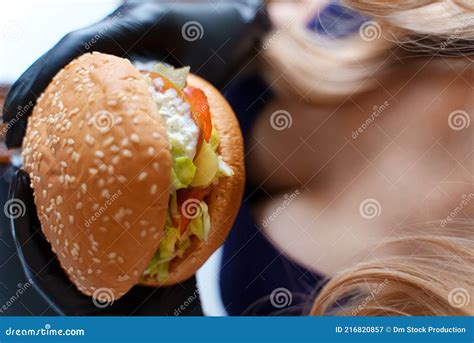 Busty Girl Holding A Hamburger Stock Image Image Of Bread Cooked