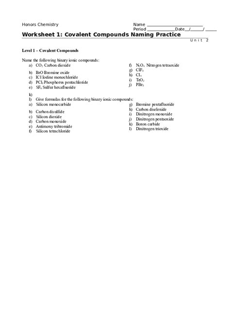 Covalent Nomenclature Worksheet Writing Formulas For Covalent