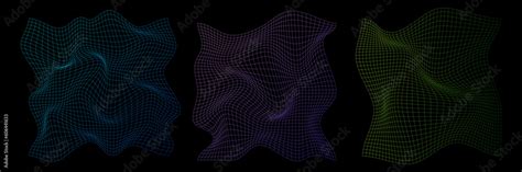 Distorted Neon Grid Pattern Warped Mesh Texture Retro Punk Design Elements Wireframe Wave