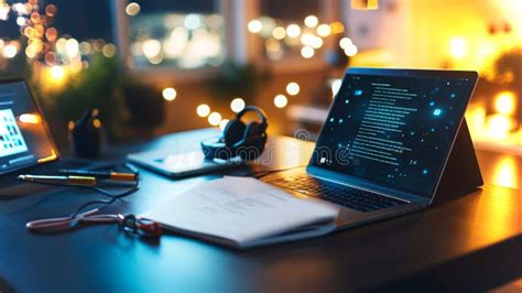 creative workspace setup featuring technology and warm lighting in a cozy environment stock