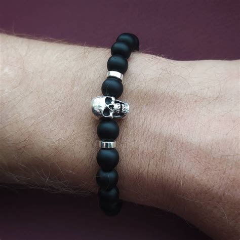 Skull Bead Bracelet Black Bead Bracelet Silver Bead Bracelet Etsy