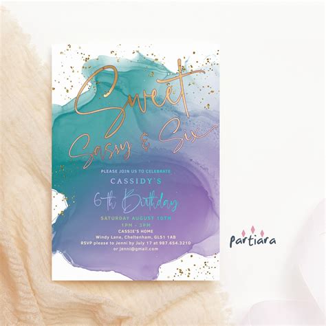 Sweet Sassy Six Invite Girls 6th Birthday Invitation Printable Teal Blue Purple Party Invites