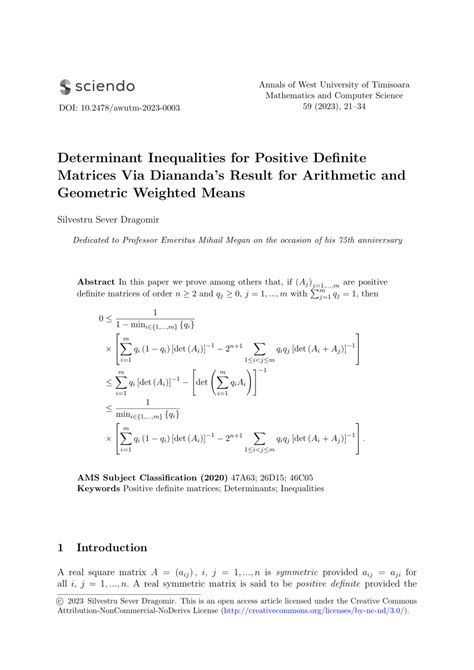 Pdf Determinant Inequalities For Positive Definite Matrices Via