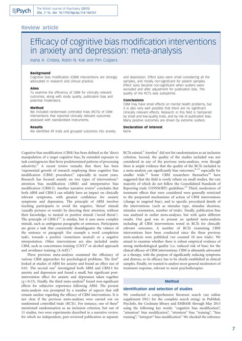 Pdf Efficacy Of Cognitive Bias Modification Interventions In Anxiety And Depression Meta Analysis