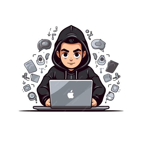 Premium Vector Hacker In A Hood With A Laptop In His Hands Vector Illustration