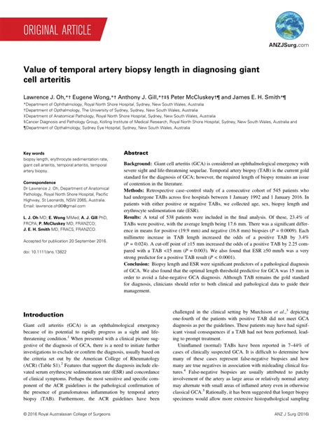 Pdf Value Of Temporal Artery Biopsy Length In Diagnosing Giant Cell Arteritis