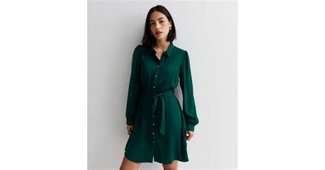 Dark Green Belted Mini Shirt Dress New Look