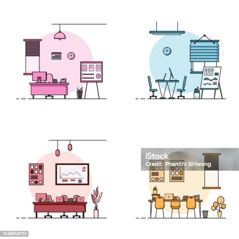 컴퓨터 데스크탑 장비를 갖춘 작업대의 평면 디자인 테이블 의자 책이 있는 업무용 책상 개념에 대한 스톡 벡터 아트 및 기타 이미지 Istock