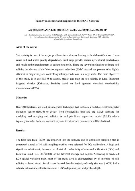 Pdf Salinity Modelling And Mapping By The Esap Software