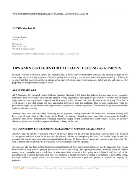 PDF TIPS AND STRATEGIES FOR EXCELLENT CLOSING 32 WTR Crim Just 48 TIPS AND STRATEGIES