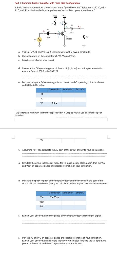 Solved Part 1 Common Emitter Amplifier With Fixed Bias