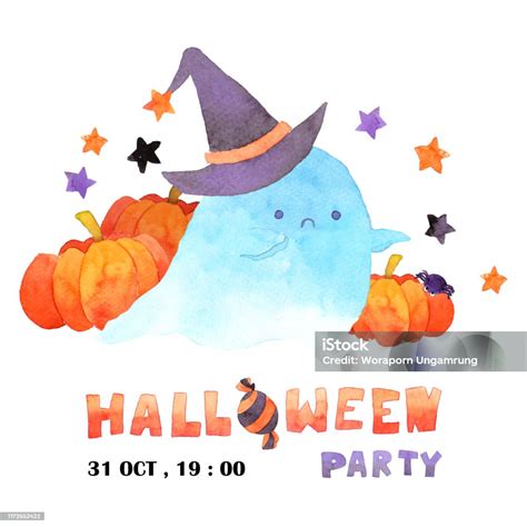 호박과 별들 사이에서 마녀 모자를 쓴 유령 정신 재미 귀여운 만화 아기 캐릭터 수채화 손 그림 그림입니다 0명에 대한 스톡 벡터 아트 및 기타 이미지 Istock