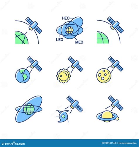 Satellites Functions Green Blue Rgb Color Icons Set Stock Vector Illustration Of Solar Type