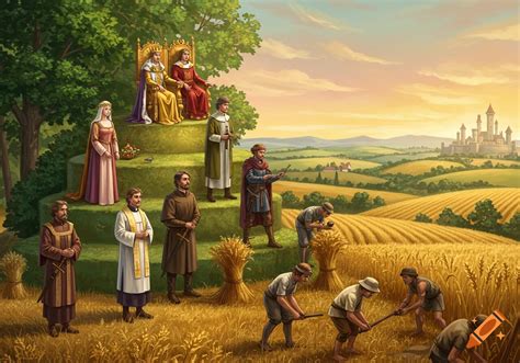 An Illustration Of A Medieval Social Hierarchy With Royalty Clergy