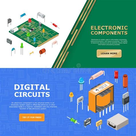 Electronic Components Vector Illustration With Digital Circuit Banner Template For Website
