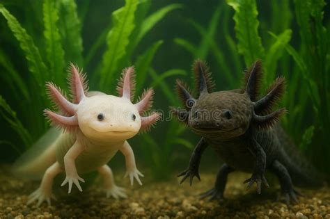 Two Axolotls In An Aquatic Habitat With Greenery Stock Illustration