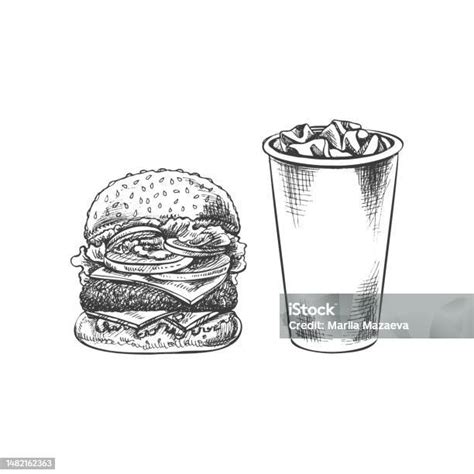 손으로 그린 햄버거 스케치 얼음이 든 콜라 종이컵 격리 흑백 정크 푸드 빈티지 그림입니다 메뉴 포스터 또는 레스토랑 배경에 적합합니다 일회용 컵에 대한 스톡 벡터 아트 및