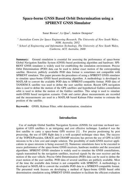 Pdf Space Borne Gnss Based Orbit Determination Using A Spirent Gnss