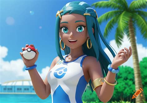 Photorealistic Rendering Of Nessa From Pokemon Holding A Pokeball On A Sunny Beach On Craiyon