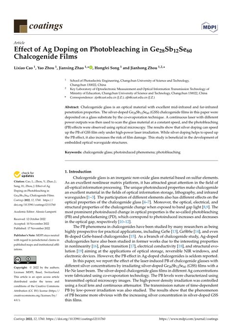 Pdf Effect Of Ag Doping On Photobleaching In Ge28sb12se60 Chalcogenide Films