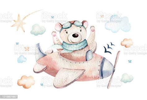 수채화 세트 아기 만화 귀여운 조종사 항공 배경 일러스트 비행기 풍선 구름 완료 멋진 하늘 전송의 배경 그림입니다 유치한 소년 패턴 그것은 베이비 샤워 일러스트입니다