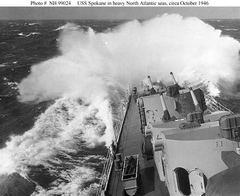 The Juneau Class Light Cruiser Uss Spokane In Heavy Seas While Crossing The Atlantic Ocean