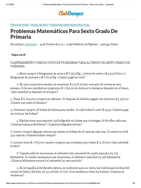 Problemas Matemáticos Para Sexto Grado De Primaria Informe De Libros