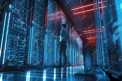 Technician Inspecting Server Racks In Data Center Premium Ai Generated Image